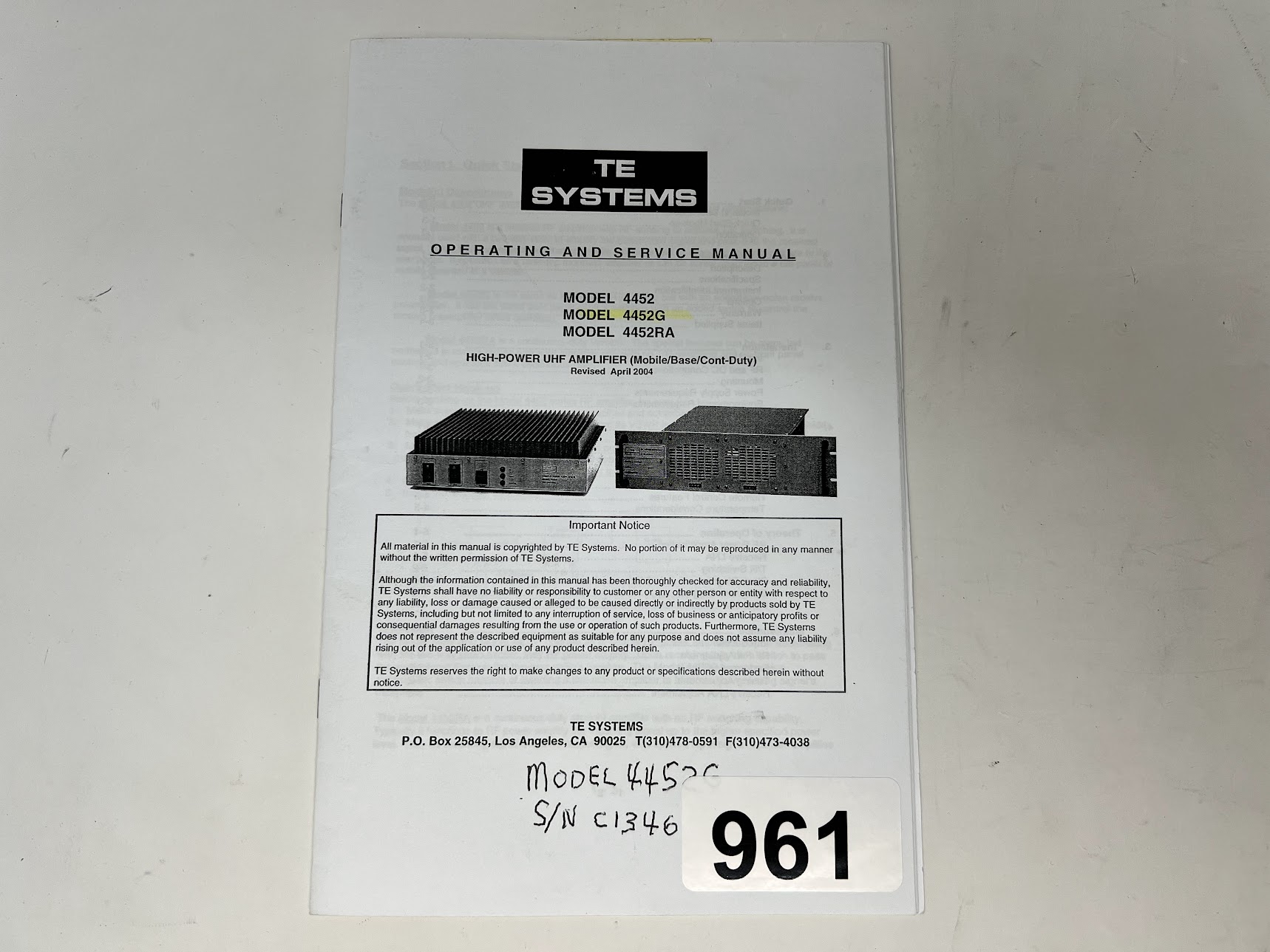 The Systems : Model 4452, 4452G, 4452RA Operating & Service Manual ...