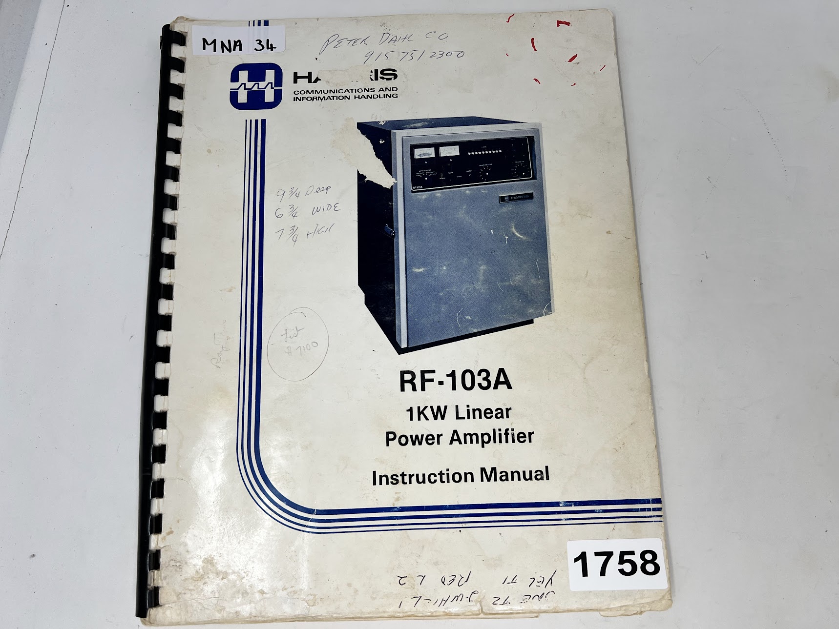 HARRIS RF-103A 1KW Linear Power Amplifier – Instruction Manual | Ham ...